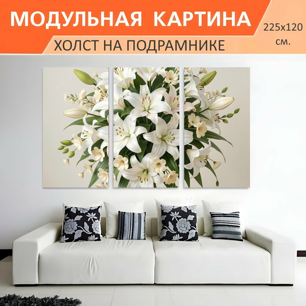 Модульная картина на холсте "Букет белых лилий с зеленью. Нежная флористическая композиция из крупных белоснежных бутонов и кремовых." триптих на подрамнике 225х120 см. для интерьера