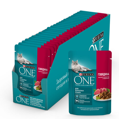 Влажный корм для взрослых кошек Purina One Adult с говядиной и морковью в соусе 26шт.*75г
