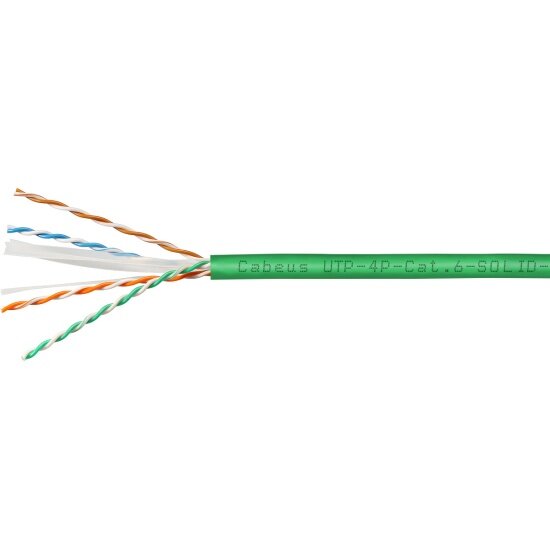 Кабель витая пара Cabeus UTP-4P-Cat.6-SOLID-LSLTx-GN-25UTP (U/UTP), кат. 6, 4 пары (23 AWG), одножильный, нг(А)-LSLTx, зеленый (25 м)