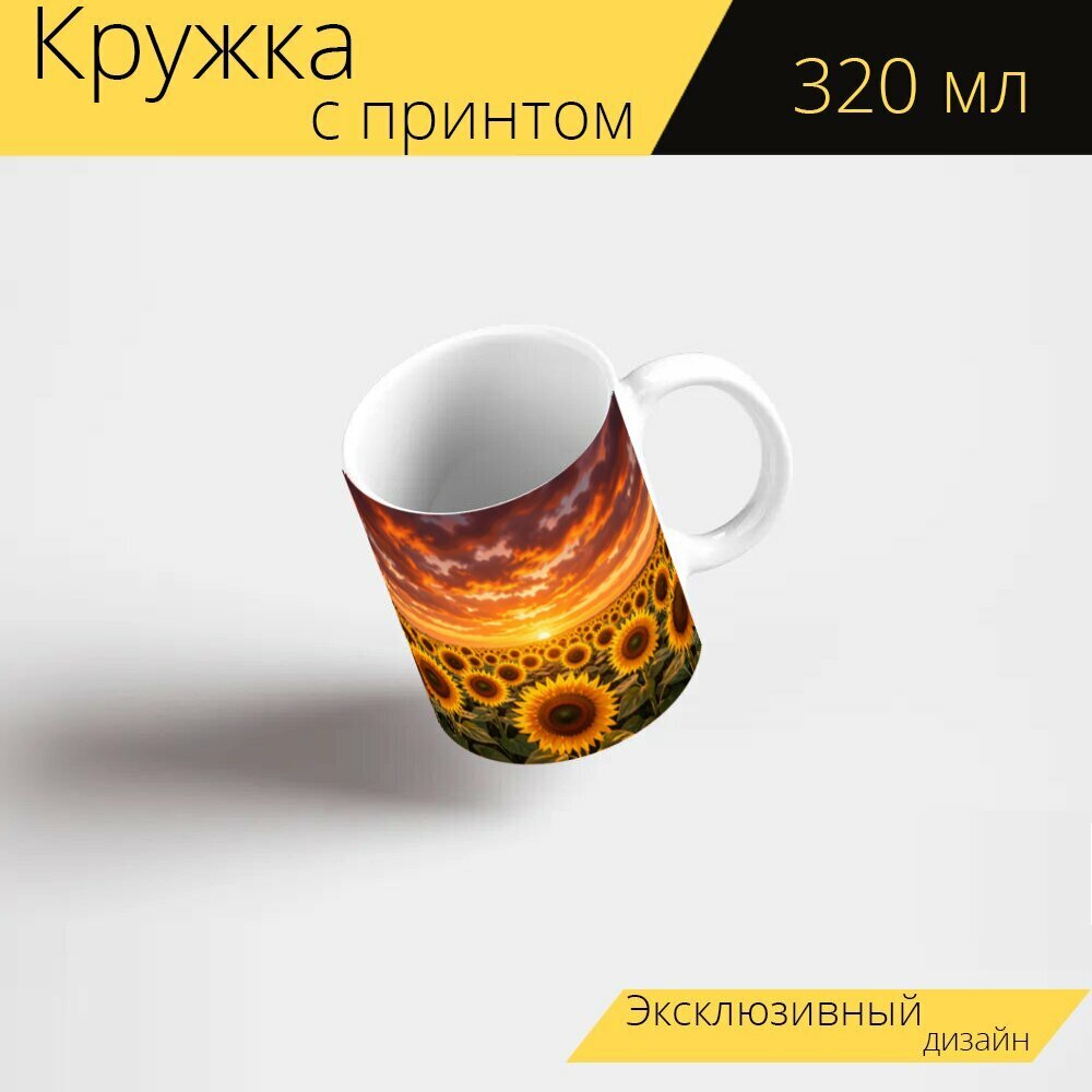 Кружка с рисунком, принтом "Подсолнухи под огненным закатом. Бескрайнее поле ярких солнечных цветов на фоне драматичного неба с пылающими облаками и низким солнцем. Теплые." 320 мл.