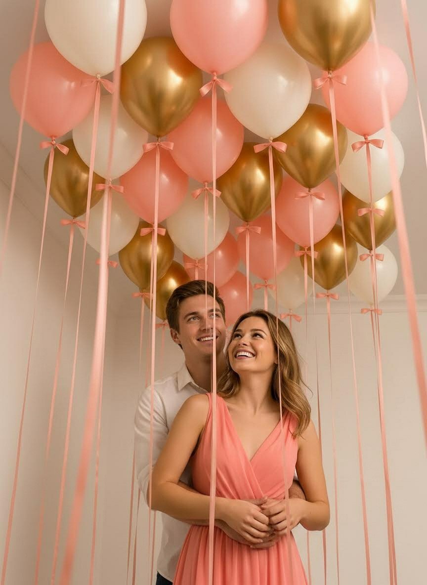 Набор гелиевых шаров, под потолок, 21 шт, розовый, золотой, белый, уже надутые