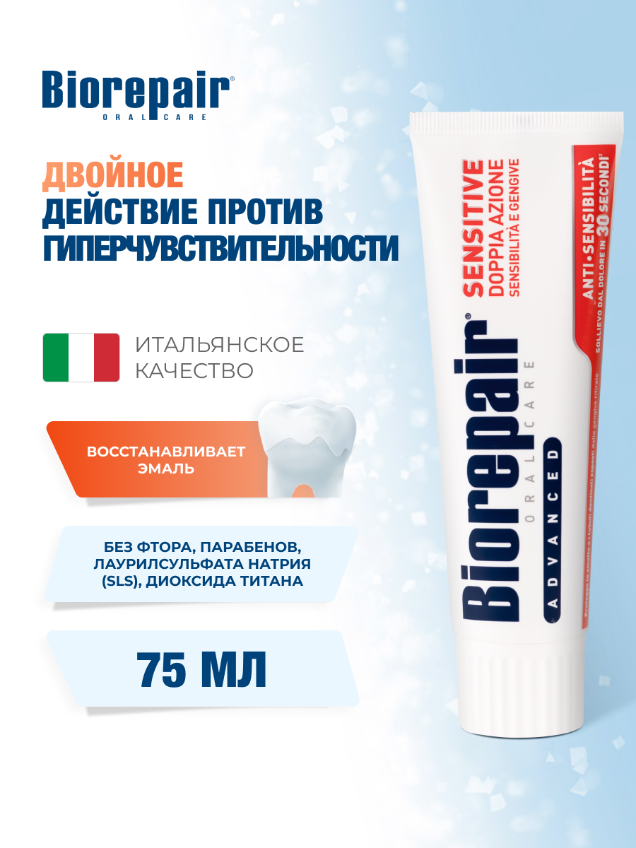 Зубная паста Biorepair Sensitive Double Action, против гиперчувствительности для чувствительных зубов, 75 мл