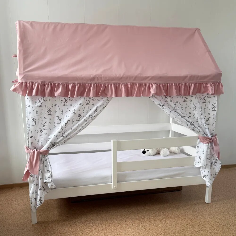 Балдахин на кроватку домик 80х160 см (пудра/зайцы). Крыша на кровать домик со шторками ТД-2 new