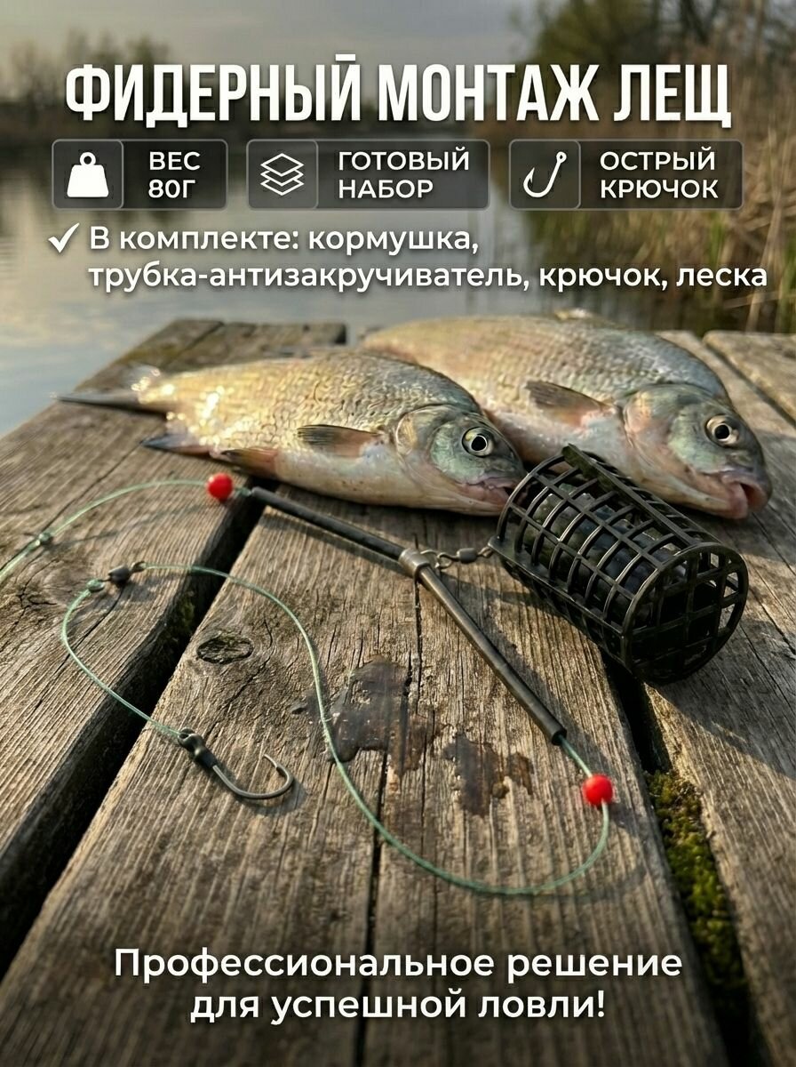 Оснастка фидерная Лещ, монтаж рыболовный, донка. Кормушка 80 г, шнур 0,15, крючок №8.