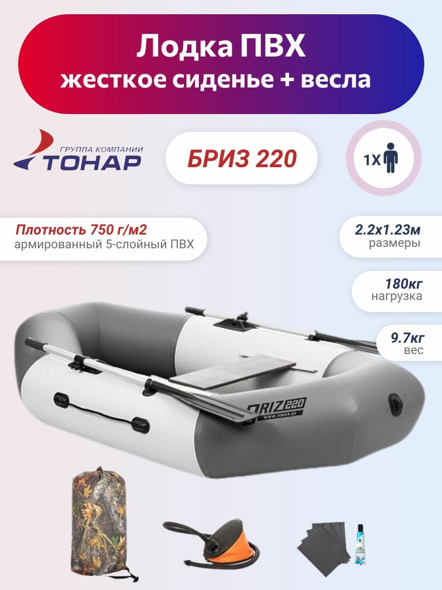 Надувная лодка пвх одноместная для рыбалки с веслами Тонар Бриз 220 (жесткое сиденье), бело/серый
