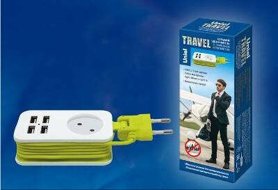 Удлинитель с заземлением Uniel Travel с разъемами USB UL-00003331 S-CT1-1, 5U WHITE/GREEN