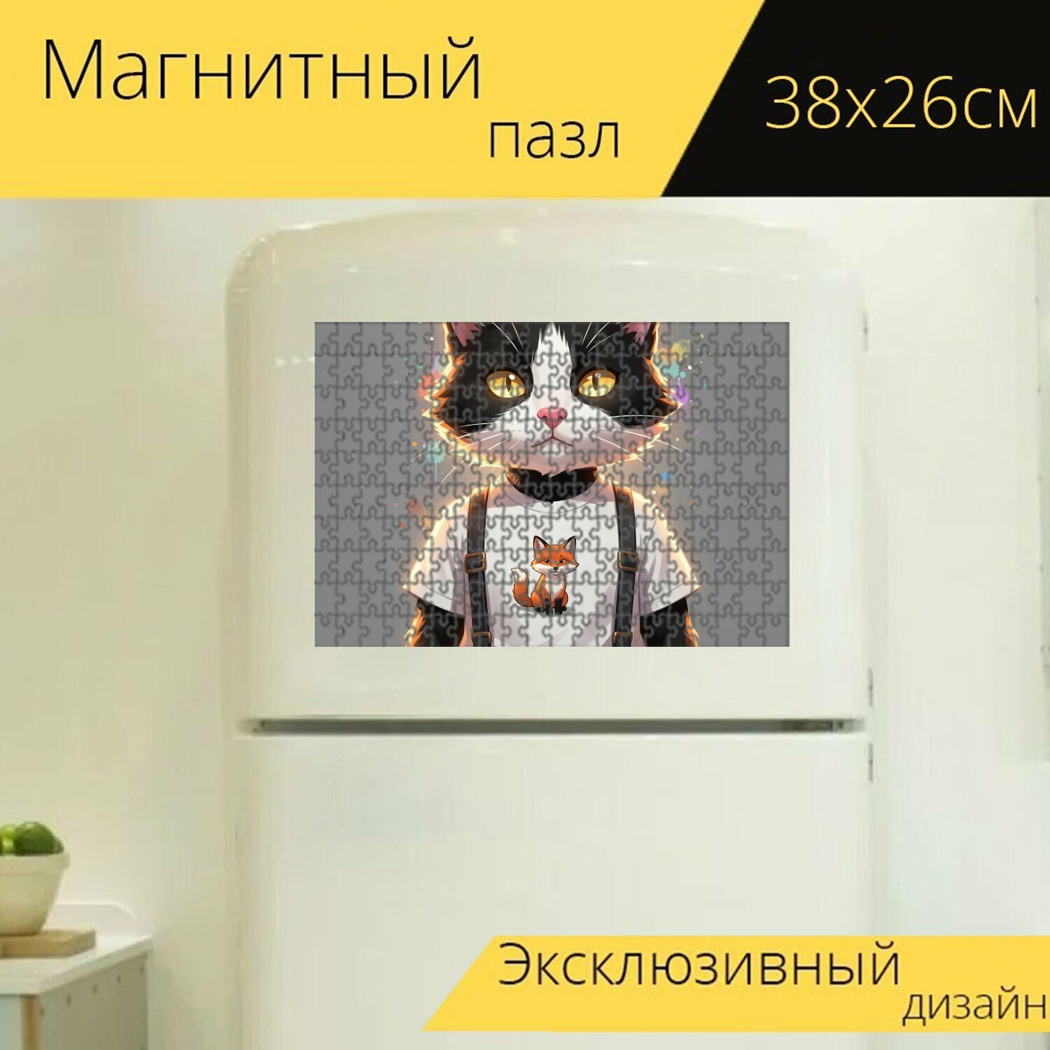 Магнитный пазл "Черно-белый кот в одежде. Стильный антропоморфный питомец с янтарными глазами, в белой футболке и подтяжках. Яркая цифровая иллюстрация с." для интерьера, 38х26 см.