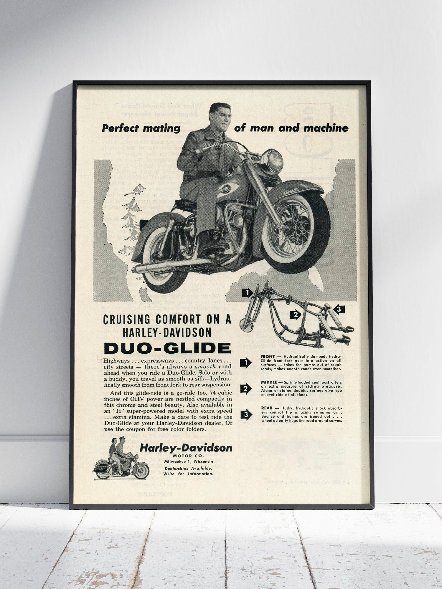 Плакат на стену для интерьера Авто и Мото (Харлей Дэвидсон Дуо Глайд - Harley Davidson Duo Glide) - Постер по транспорту формата A4 (21x30 см)