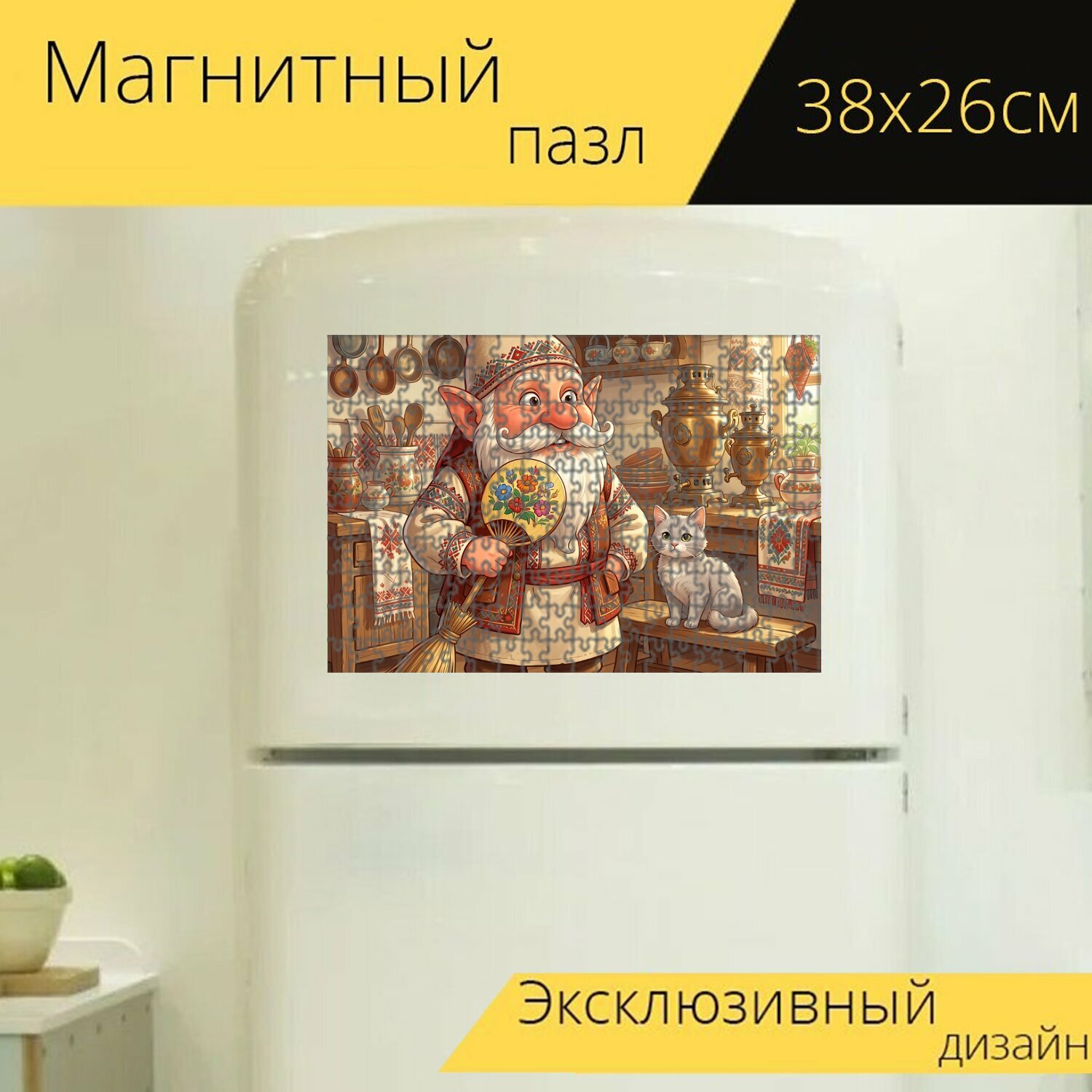 Магнитный пазл "Домовой в русской избе с котом. Сказочный хранитель дома в народном костюме стоит в деревенском интерьере с самоваром, вышивкой, деревянной." для интерьера, 38х26 см.