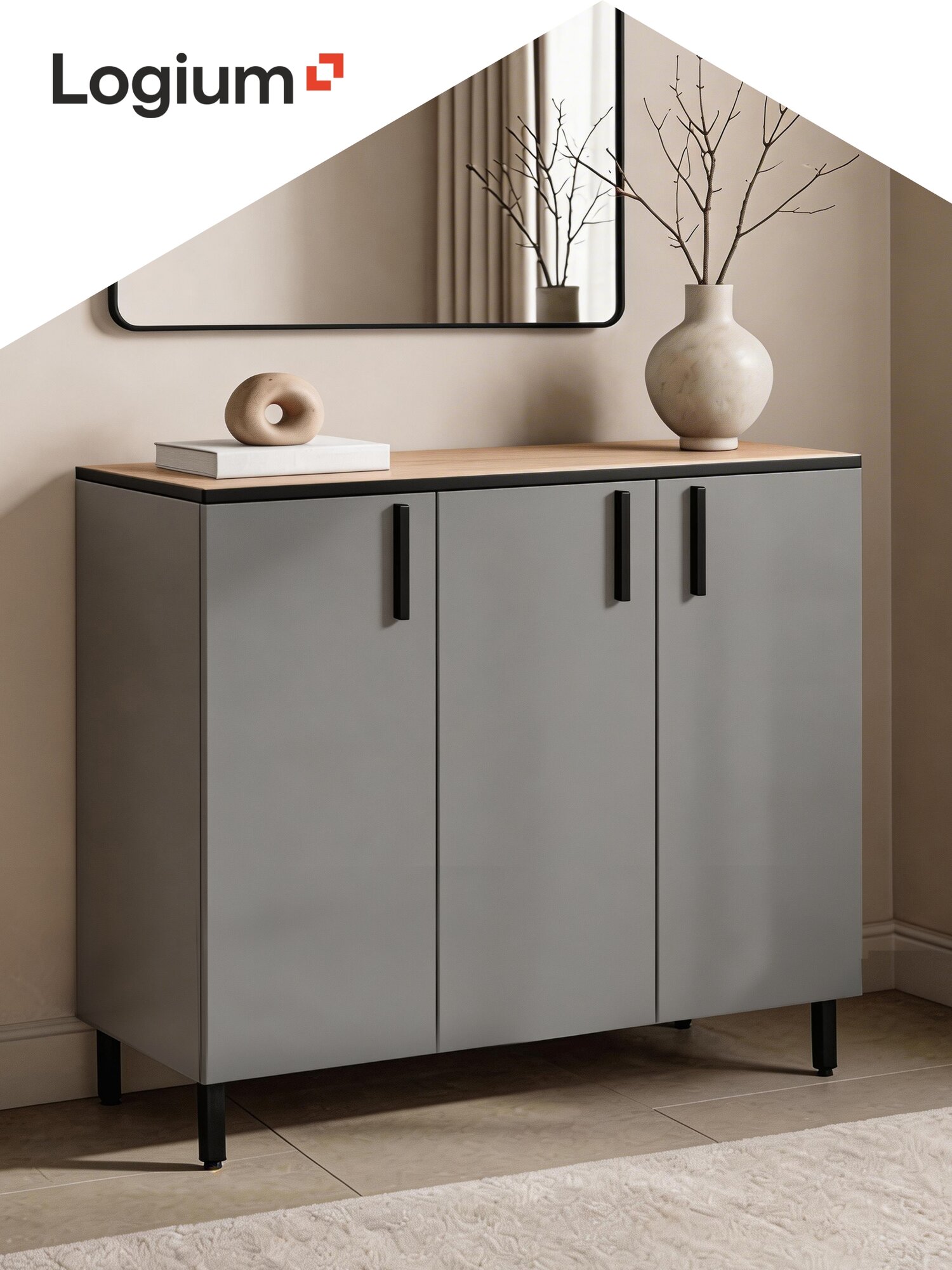 Комод для вещей большой и высокий, Оливия 16.244.03, Серый Шифер, Гикори Рокфорд Натуральный, Черный