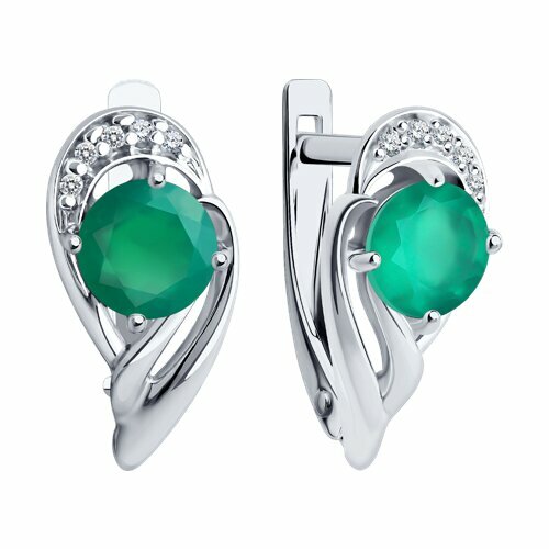 Серьги DIAMD'OR, серебро, 925 проба, родирование, фианит, агат, длина 1.7 см, , зелeный — фото 1