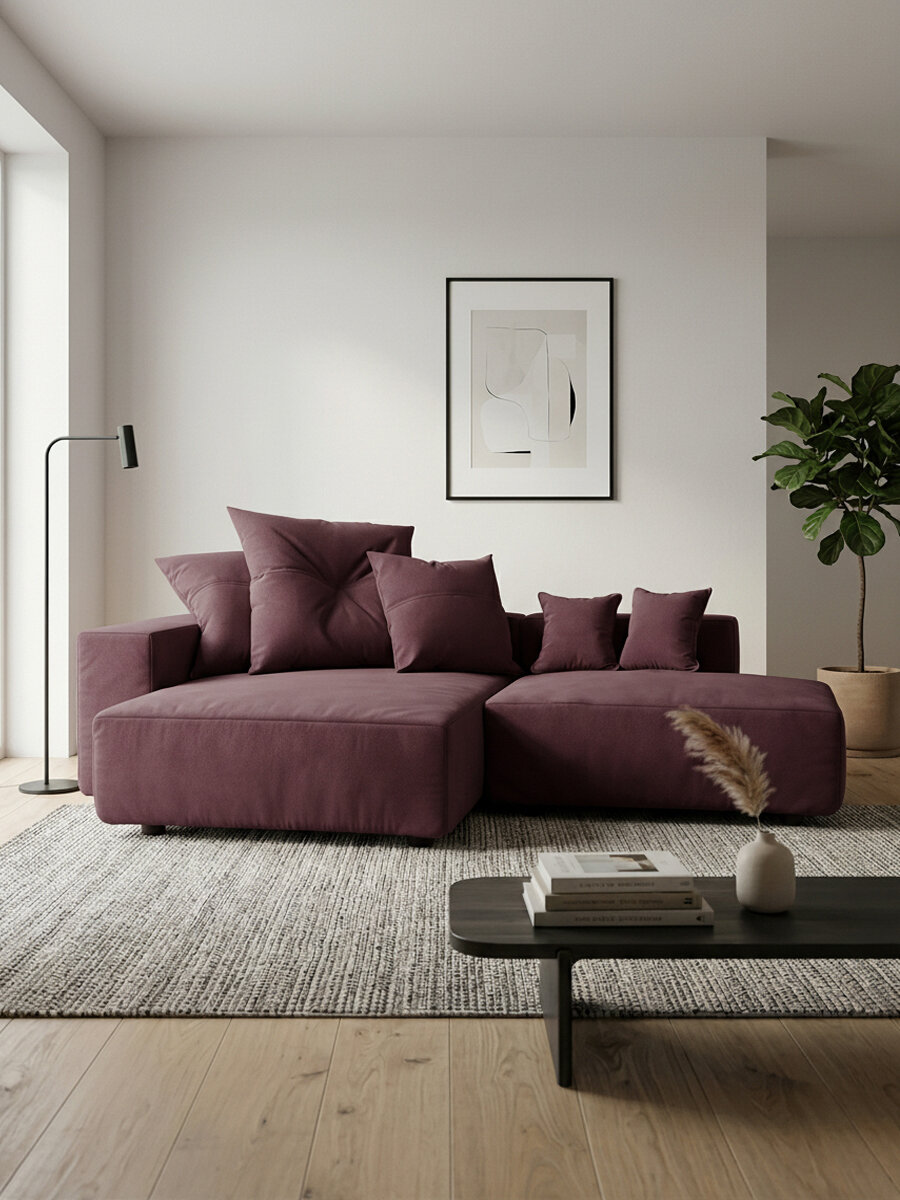 Диван с оттоманкой Санторини Velutto 15 NEW 271x169x62 см, бордовый Велютто, еврокнижка GOODFORM