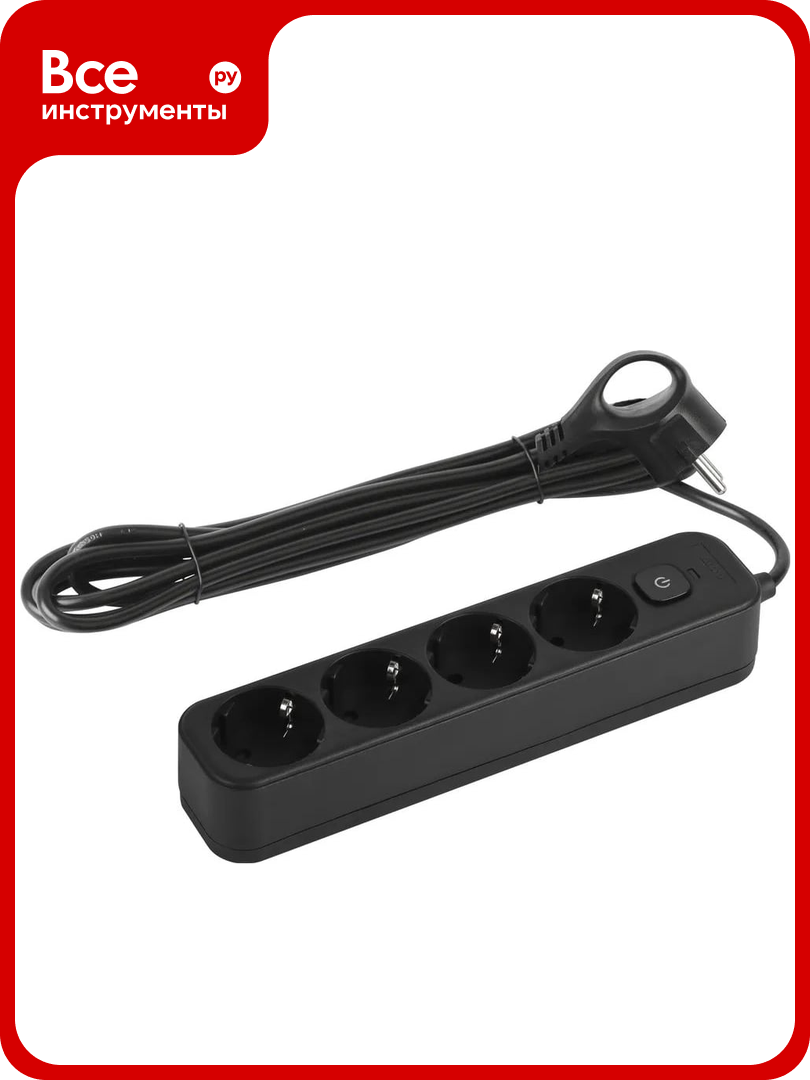 Сетевой фильтр Intro SFE430B с базовой защитой, с заземлением, с выключателем, 4 розетки, 3 м, 10 А, черный Б0059555