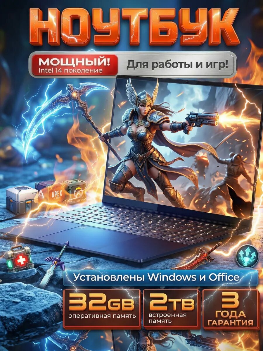 Ноутбук игровой 2026 Intel H-series, RAM 32GB, SSD 2048GB, IPS + Windows, Office