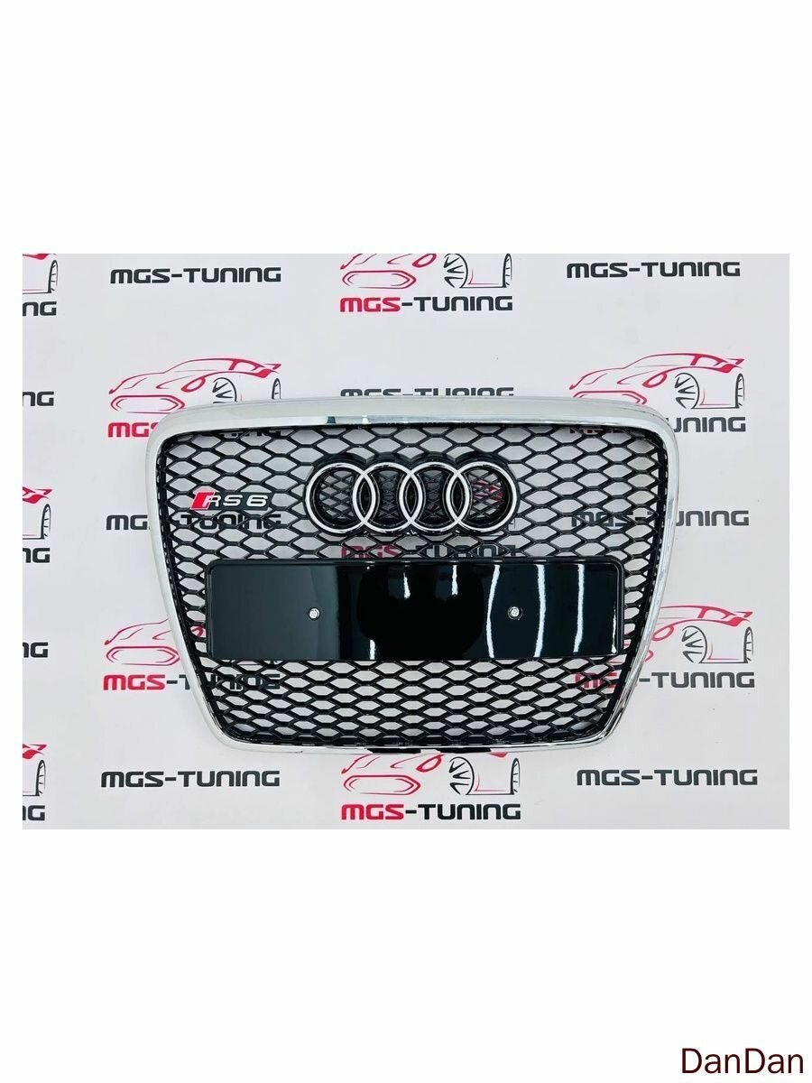Решетка радиатора RS6 для Audi A6 C6 2004-2011 чёрная с хром ободом и кольцами, съёмный шильдик кроме Allroad/DTM