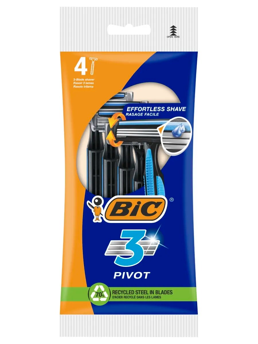 Станки для бритья мужские Bic 3 Pivot одноразовые набор 4шт пакет