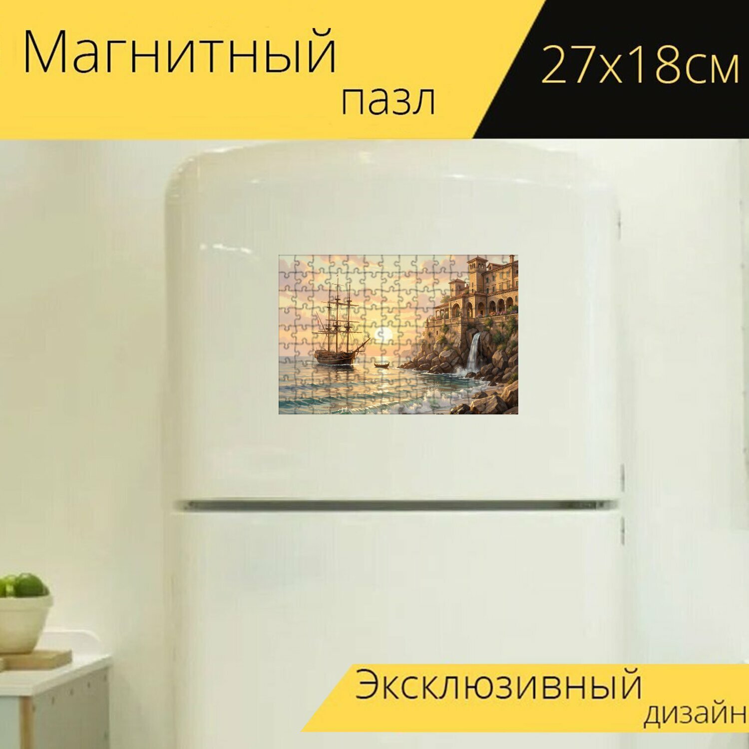 Магнитный пазл "Морской закат с парусником и виллой. Романтичный средиземноморский берег: старинный корабль у скалистого побережья, дворец над морем." на холодильник 27 x 18 см.