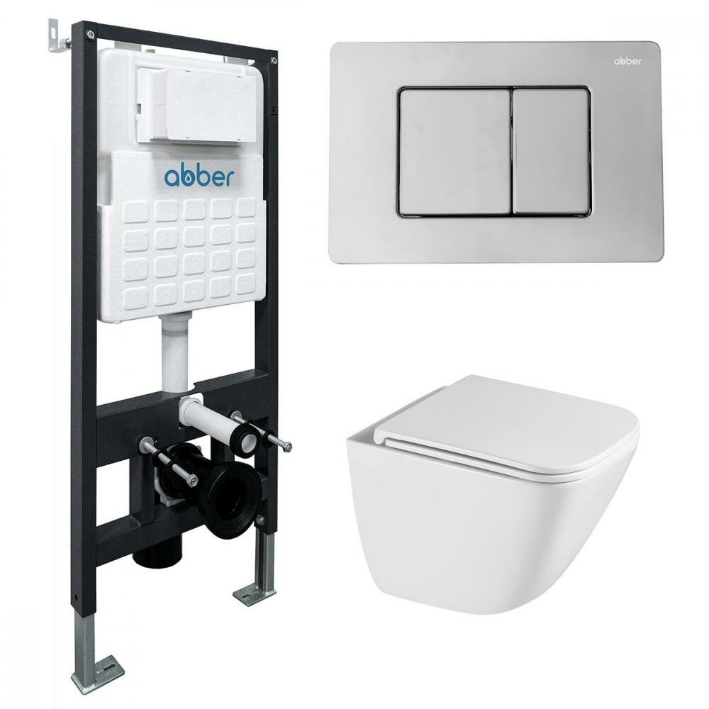 Инсталляция с унитазом комплект Abber Rechteck AC1220TC-AC0105-AC0120 белый, с сиденьем микролифт и кнопкой смыва хром