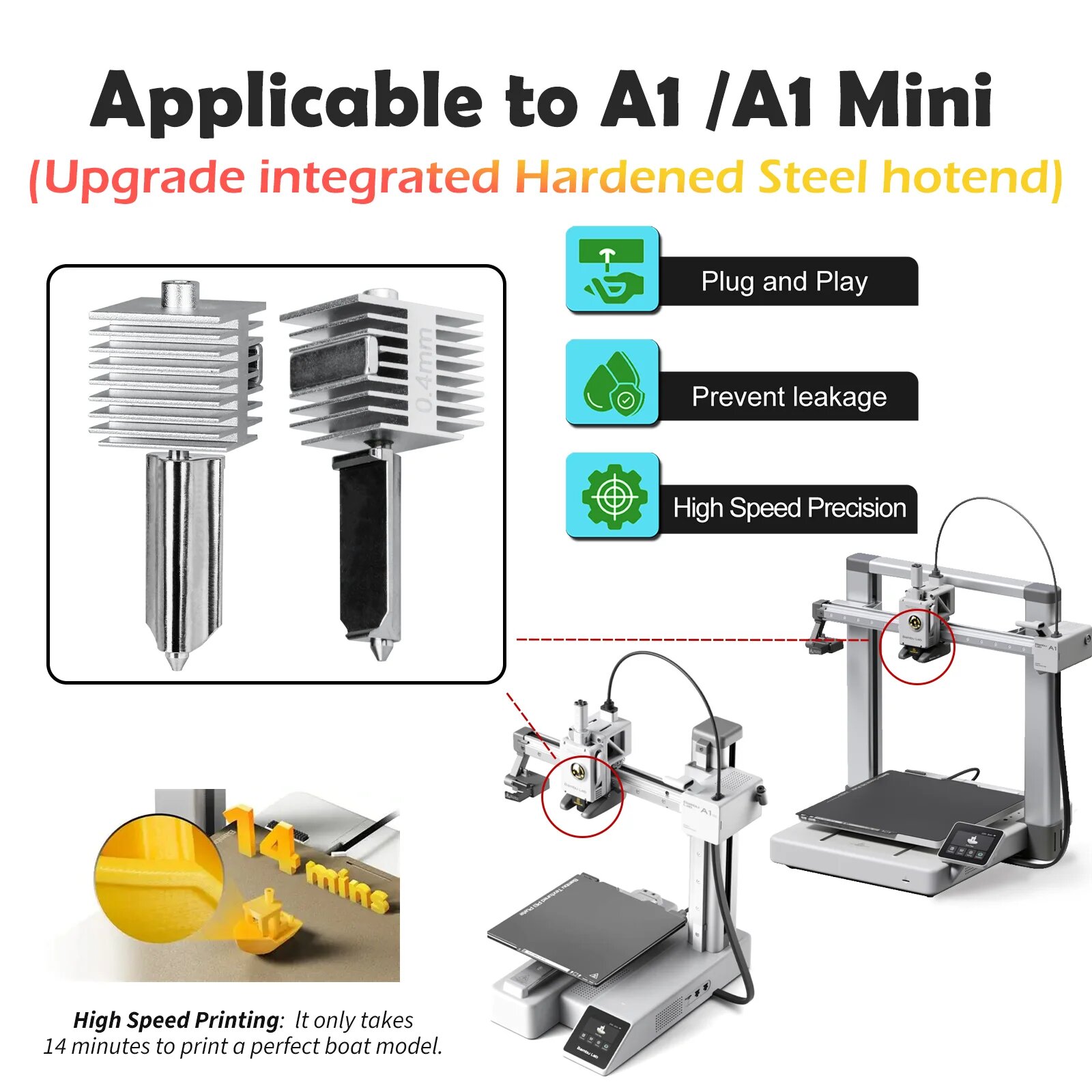 Оригинальное сопло Hotend для Bambu Lab A1/A1mini из закаленной стали 0,4/0,6/0,8 мм, нержавеющая сталь 0,2/0,4 мм Bambulab A1mini Hot End — фото 1
