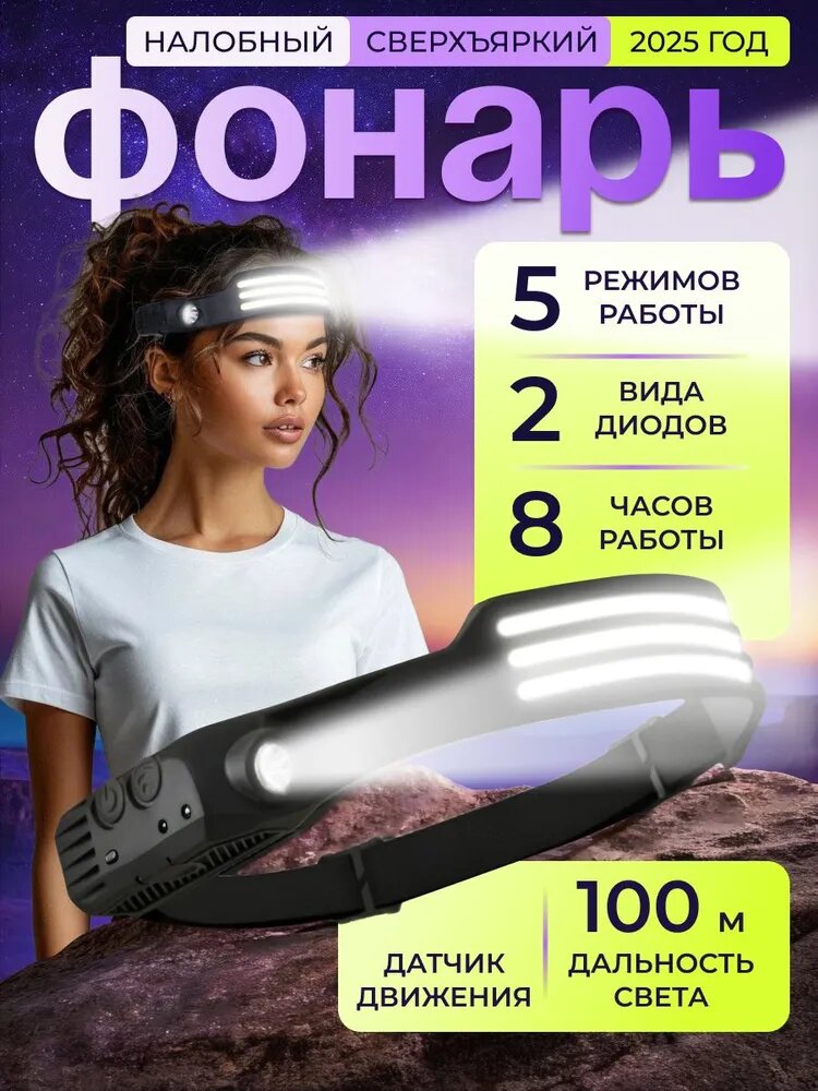 Фонарь налобный аккумуляторный 400 люмен, светодиодный, АКБ 18650 на 850 мА*ч, USB Type-C