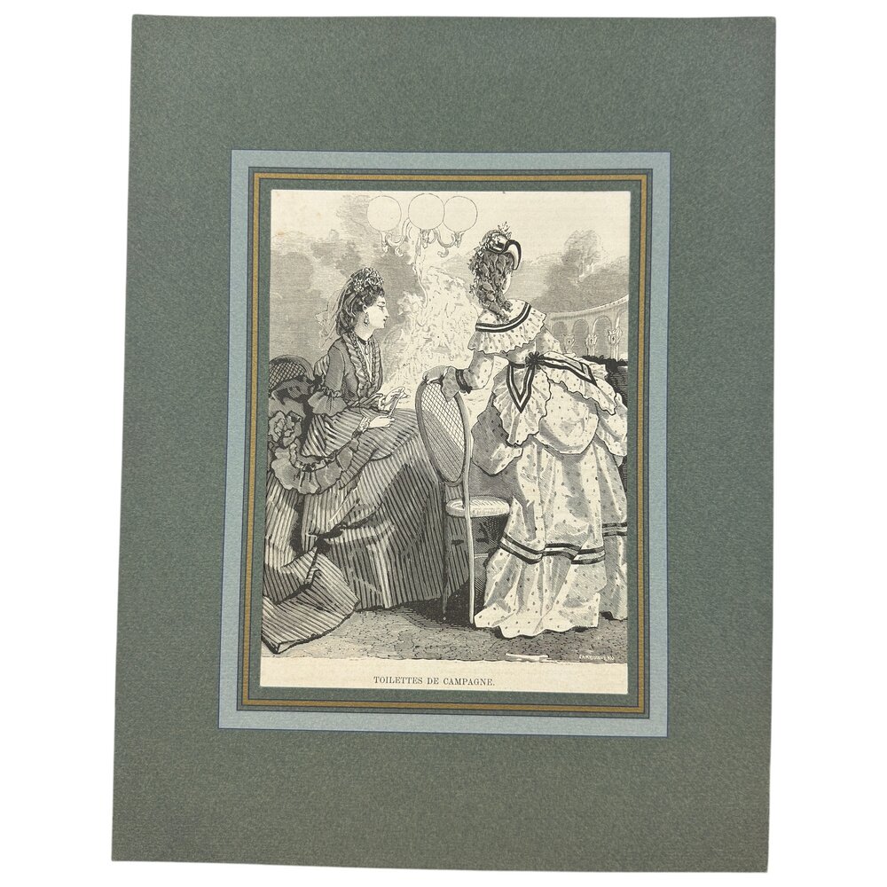 Гравюра "Toilette de campagne", из журнала мод, художник Preval E, гравер Carbonneau, Франция