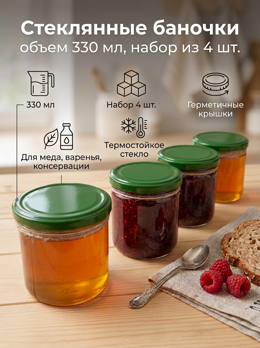 Банки стеклянные 330 мл для консервирования, варенья, круп, контейнер для сыпучих продуктов, 4 шт