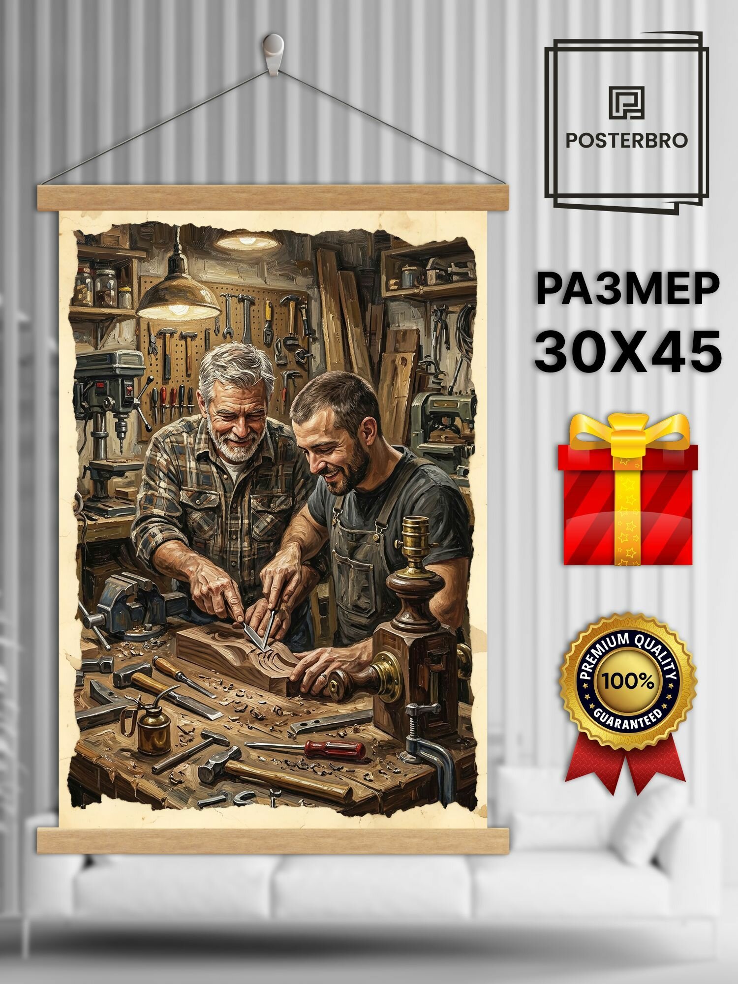 Постер на стену Posterbro в рамке 30х45 "Отец-плотник и сын" интерьерный