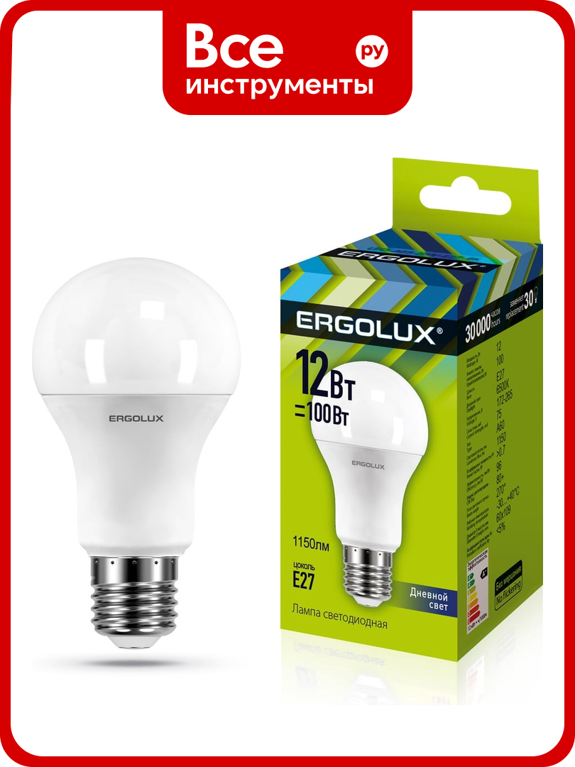 Электрическая светодиодная лампа Ergolux LED-A60-12W-E27-6K ЛОН 12Вт E27 6500K 172-265В 12880