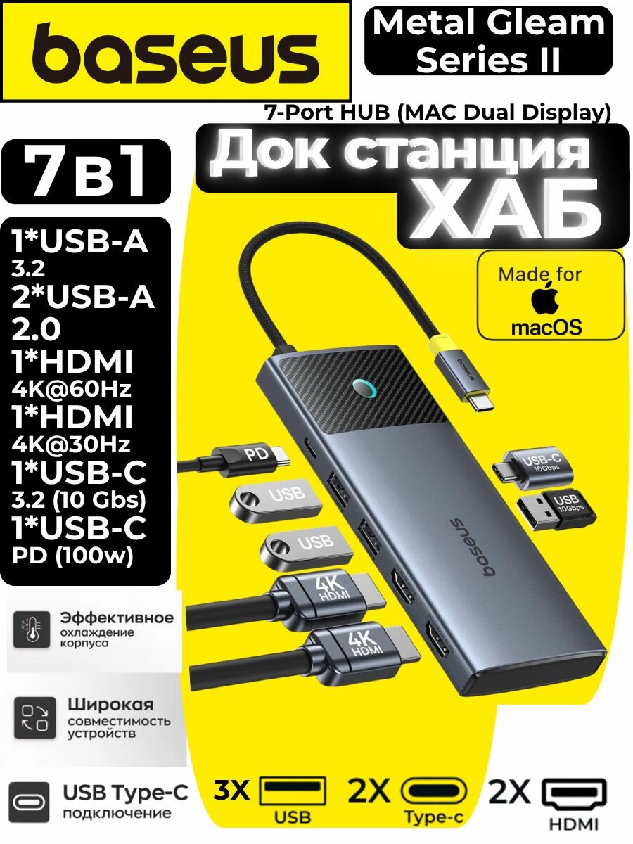 USB разветвитель Хаб 2 HDMI Хаб Baseus Metal Gleam 7-в-1 type-c hub adapter / Адаптер / USB Концентратор / USB-Хаб / 3хUSB, 2хHDMI, 2хType-C