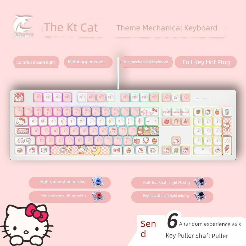 Механическая игровая клавиатура с чайным переключателем K103 белый фон привет КТ кот тема проводная без конфликтов