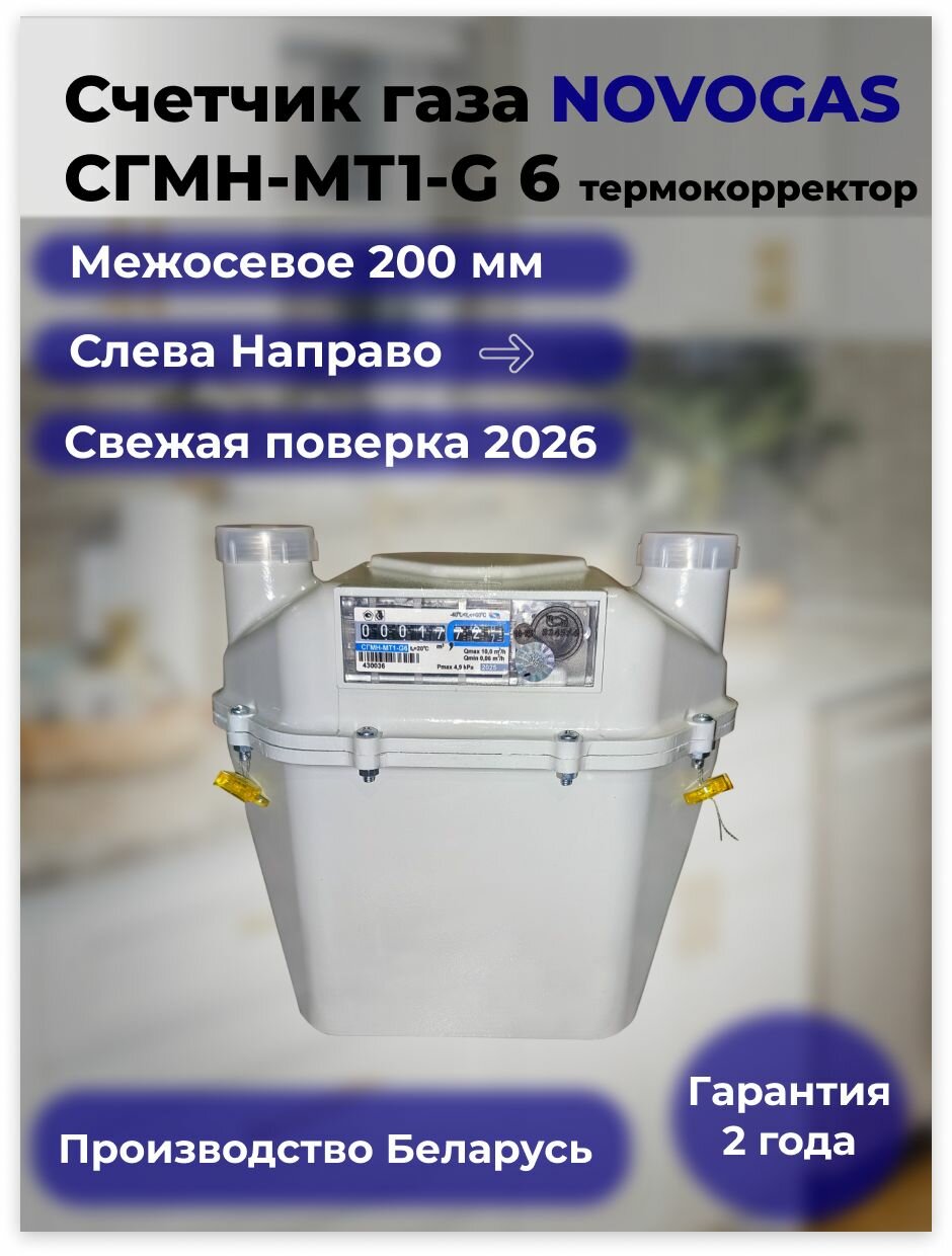 Счетчик газа NOVOGAS СГМН-МТ1-G 6 межосевое 200 мм, левый, термокорр. 1 1/4" слева направо
