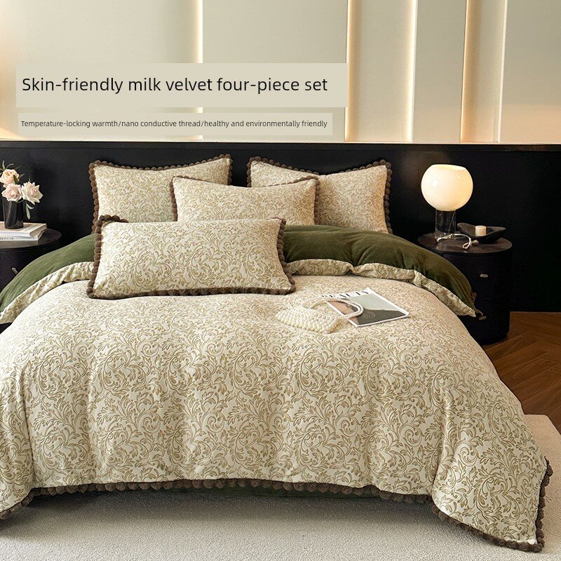 Комплект постельного белья Southern Bedding: Зимний цветочный узор, молочный велюр, четыре предмета, приятный для кожи,
