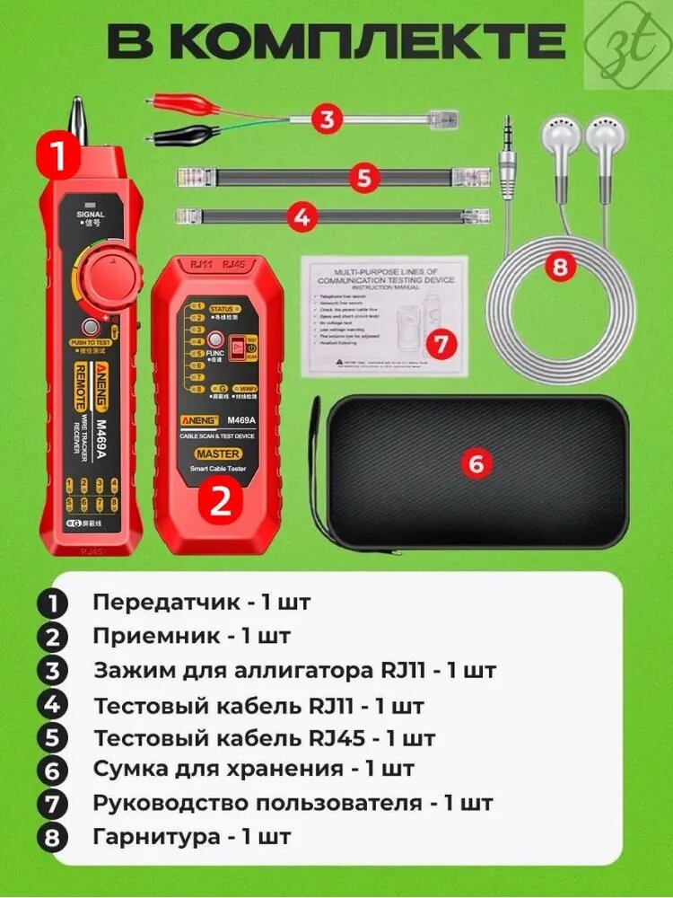 Кабельный тестер Aneng M469A для RJ-45+RJ-11, красный, с фонариком, полный комплект — фото 1