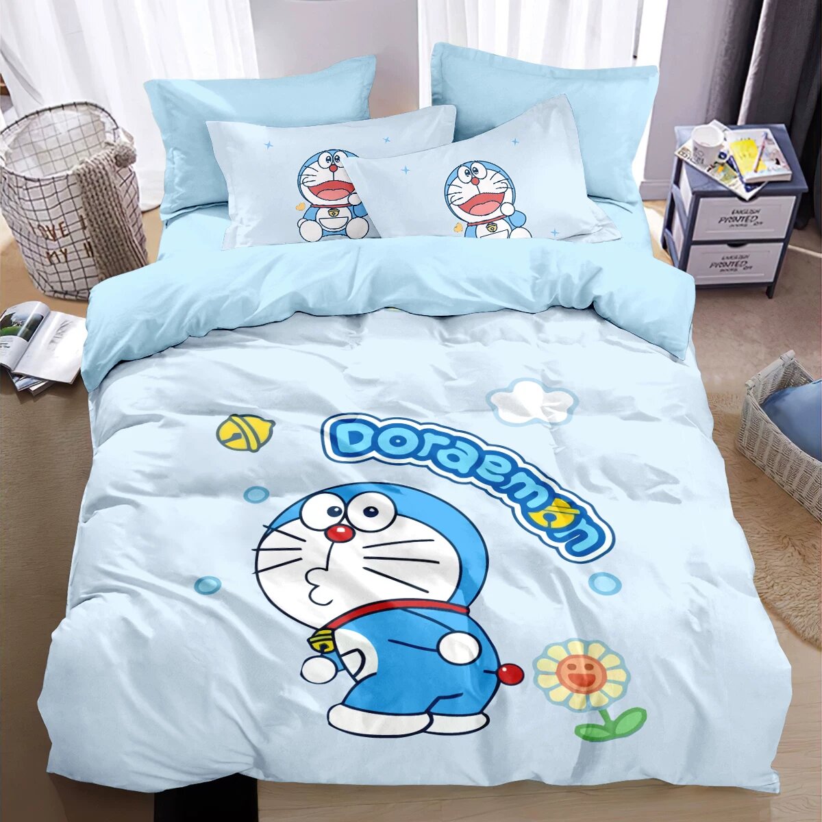 Комплект постельного белья Doraemon из 100% хлопка, 4 предмета: простыня, пододеяльник, наволочки, для детской комнаты,