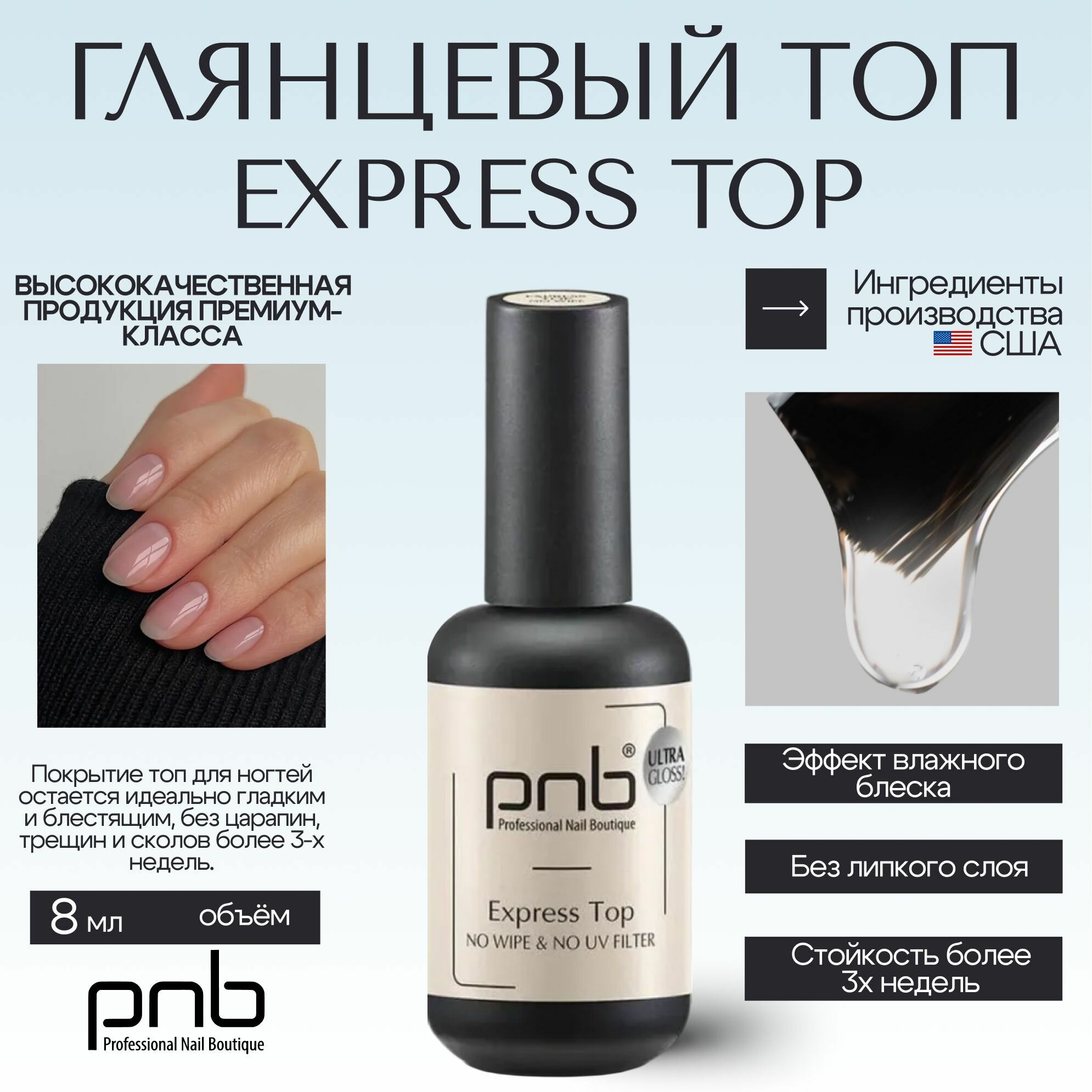 Топ для гель лака, топ для ногтей прозрачный PNB 8 мл Express Top NoWipe UV/LED без липкого слоя