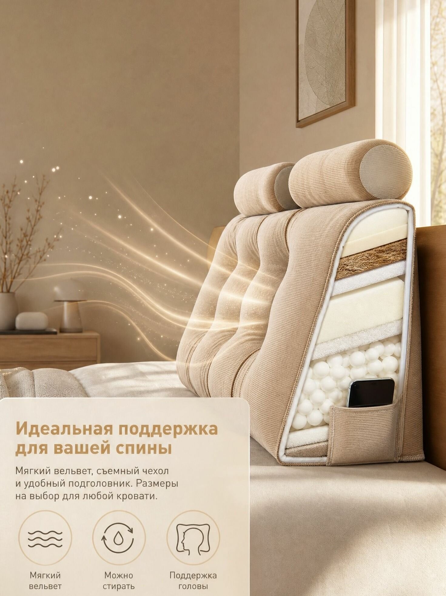 Мягкое изголовье для кровати из рубчатого велюра, с подголовником, съемный чехол, 80 200 20 60 см