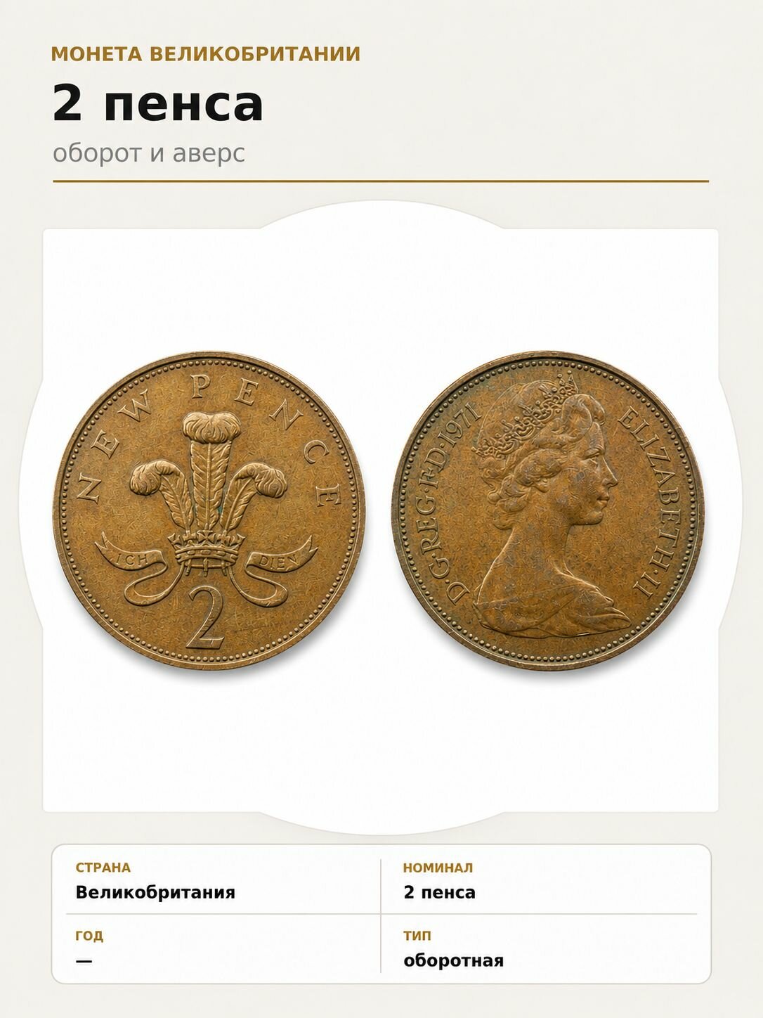 Коллекционная монета Великобритания 2 new pence 1971