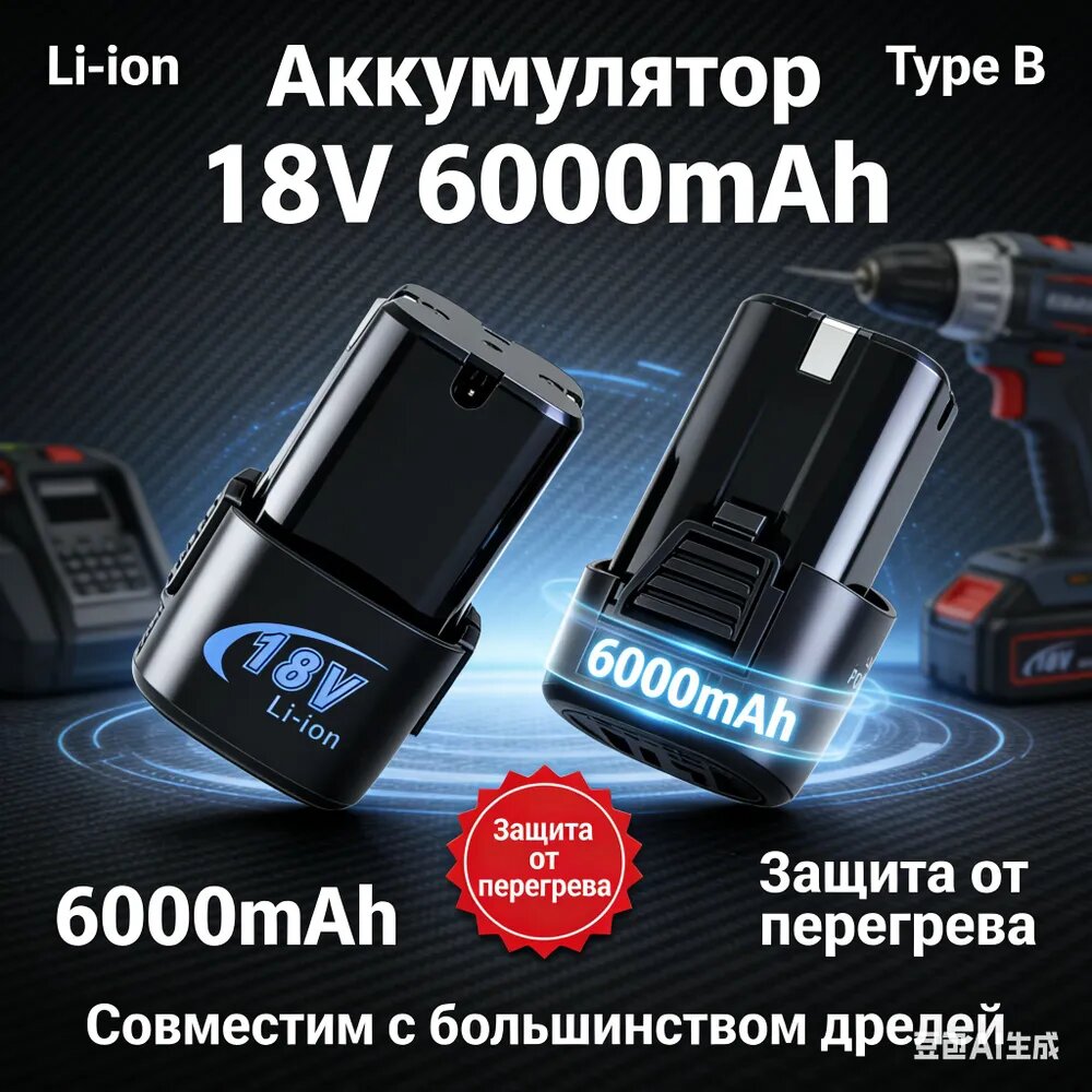 Аккумулятор li-ion для шуруповерта 18V, 6000mAh: новая замена, защита от перегрева, совместим с большинством дрелей.