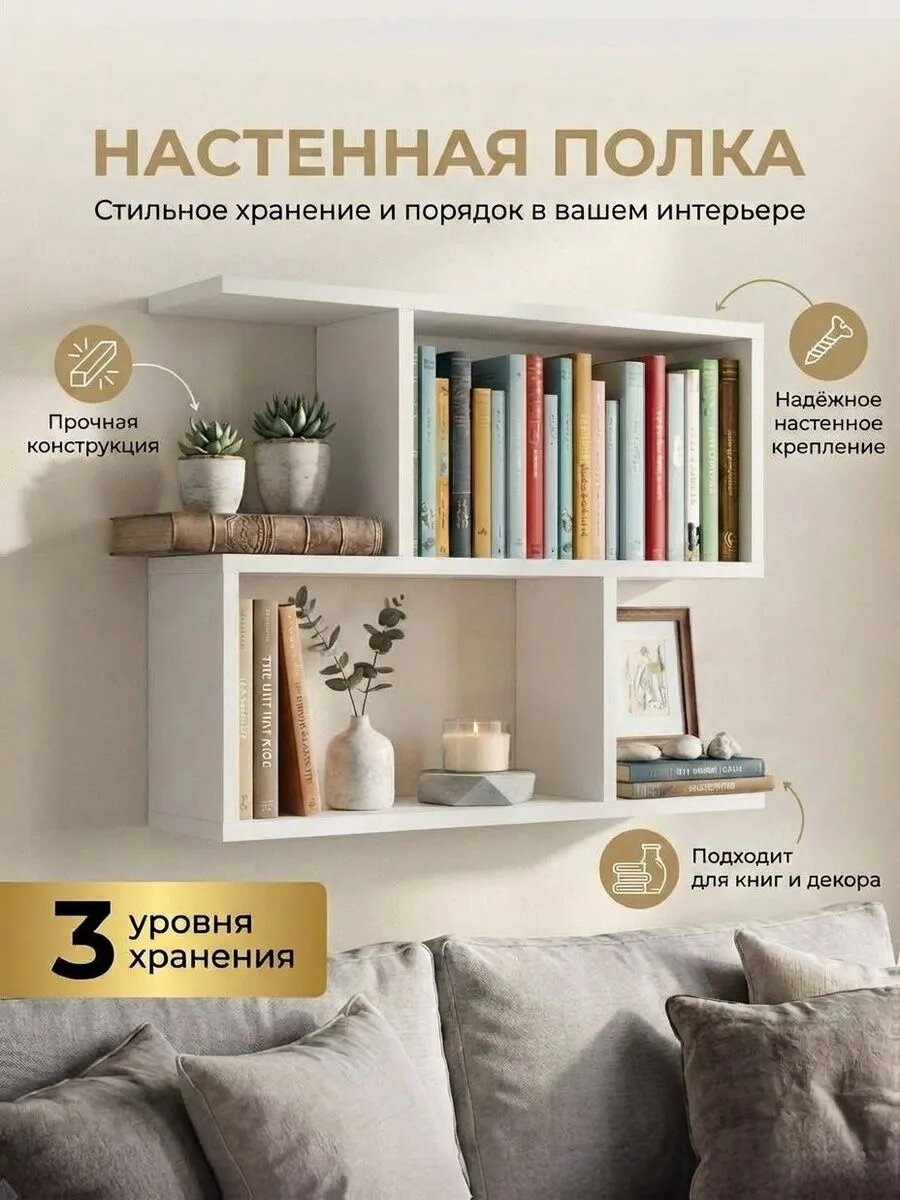 Полка настенная навесная для книг белая