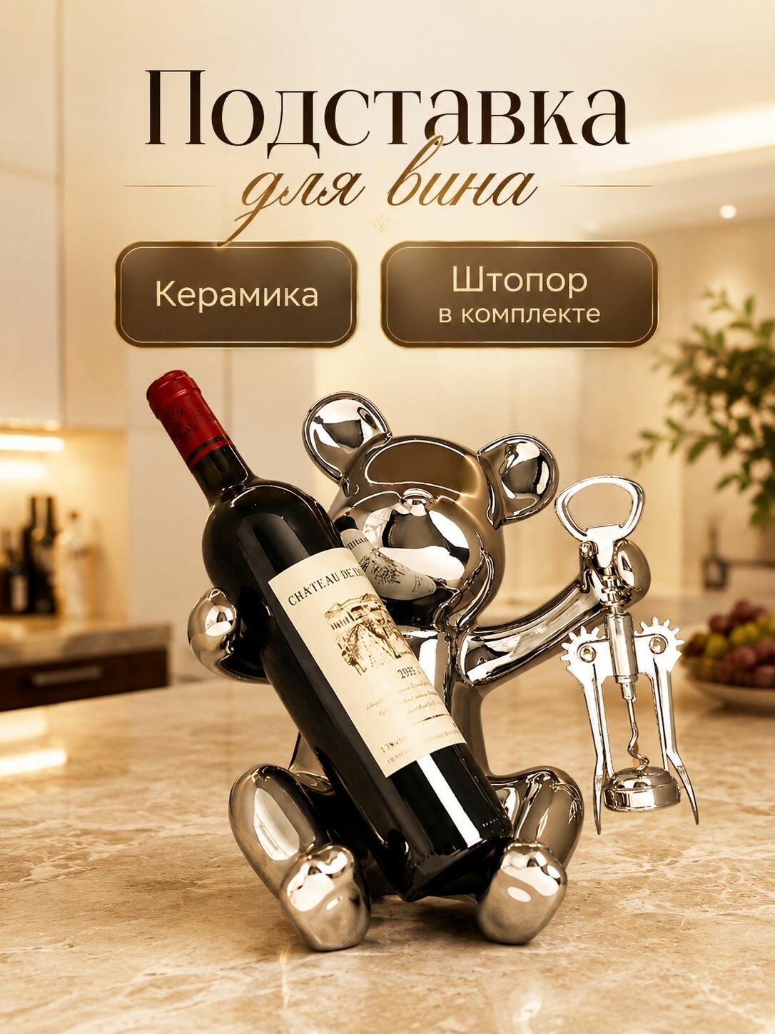 Подставка для вина Мишка со штопором, декоративный держатель для бутылки