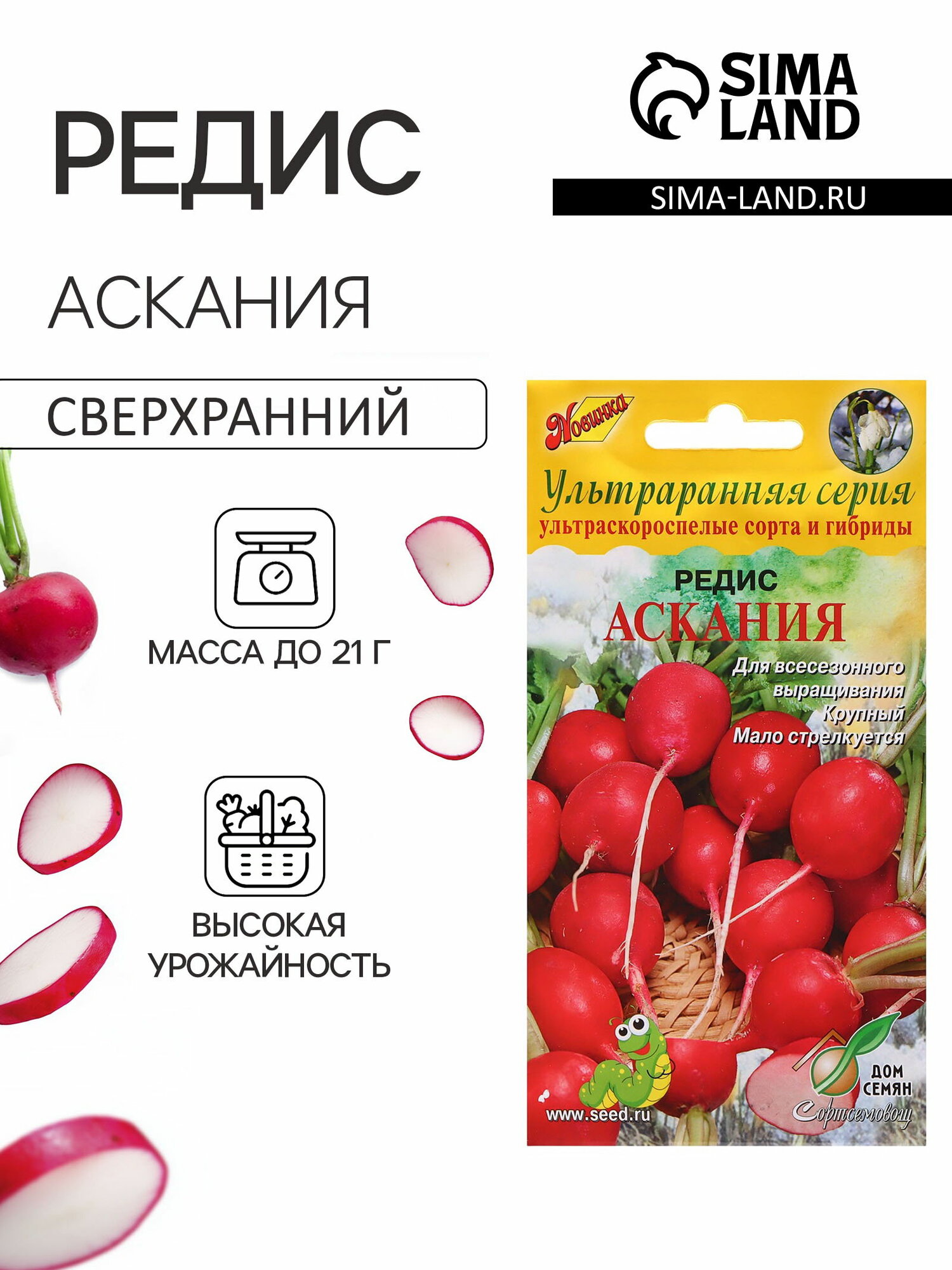 Семена Редис "Аскания", 130 шт, посев (посадка) в грунт: август, 3 шт.