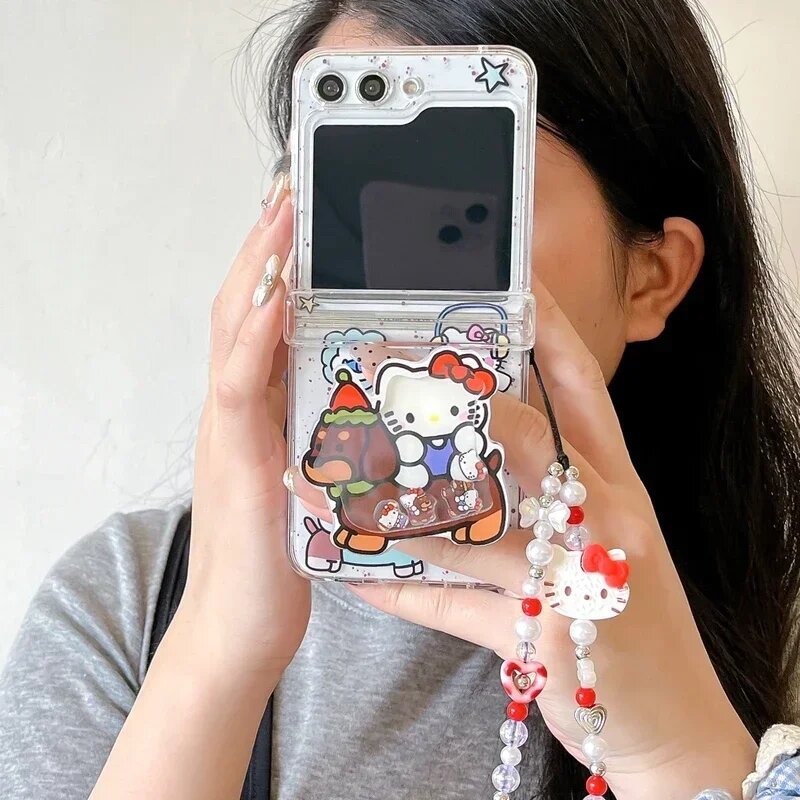 MINISO Милый чехол для телефона с мультяшными персонажами Sanrio и Hello Kitty и подставкой, совместимый с Samsung Galaxy Z Flip 6, 5, 4 и 3. Изготовлен из прозрачно