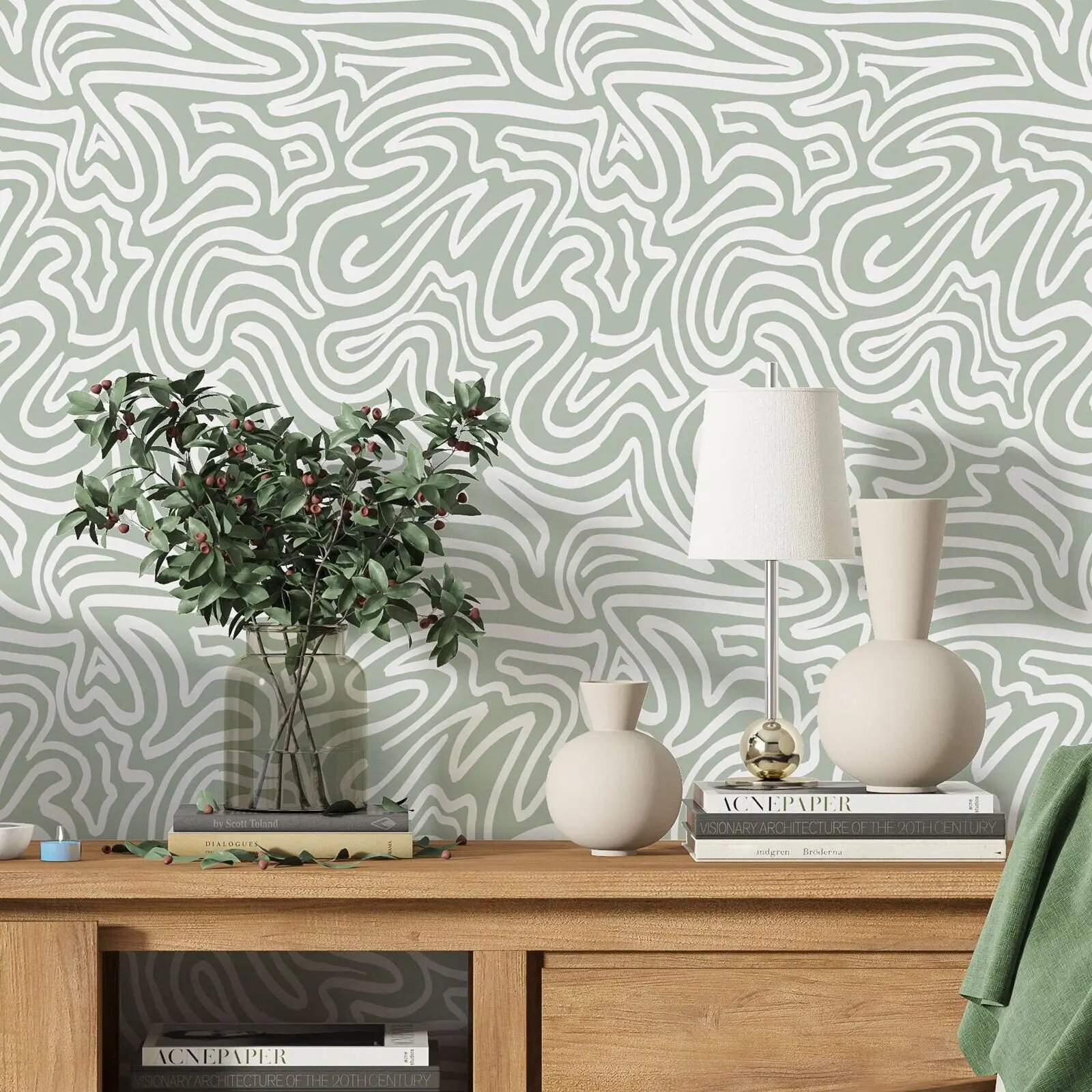 Бумажные обои Pixel&Wall, зеленые, скандинавский стиль Tradition Non-Woven