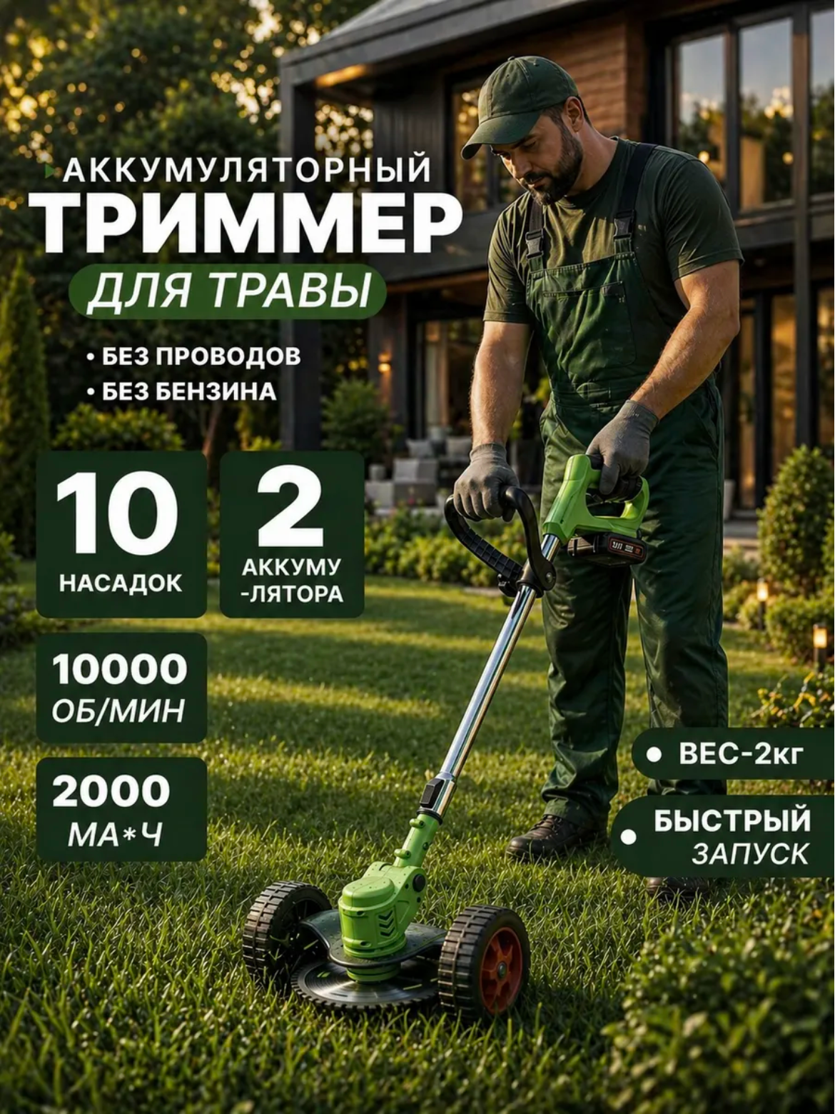 Триммер для травы аккумуляторный садовый с колесиками, 10 насадок, 2 АКБ, зеленый