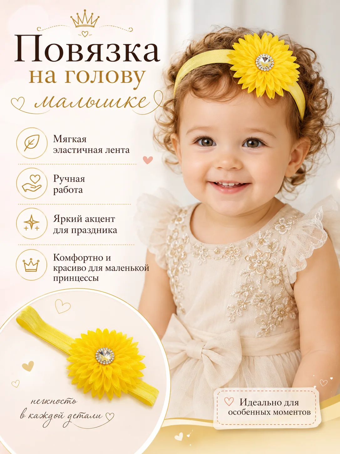 Повязка на голову Арт&Дизайн "Цветочек", для новорожденных, жёлтая