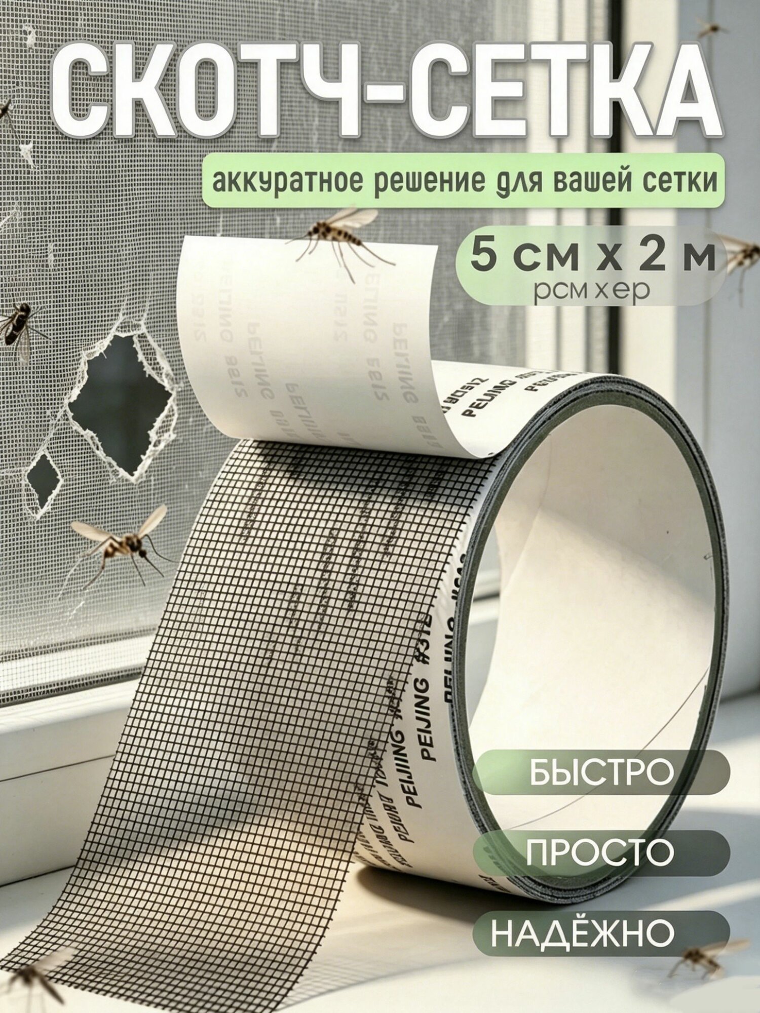 Москитный скотч, лента в рулоне 2 метра для заплаток, ремкомплект для антимоскитной сетки, клейкая сетка из стекловолокна