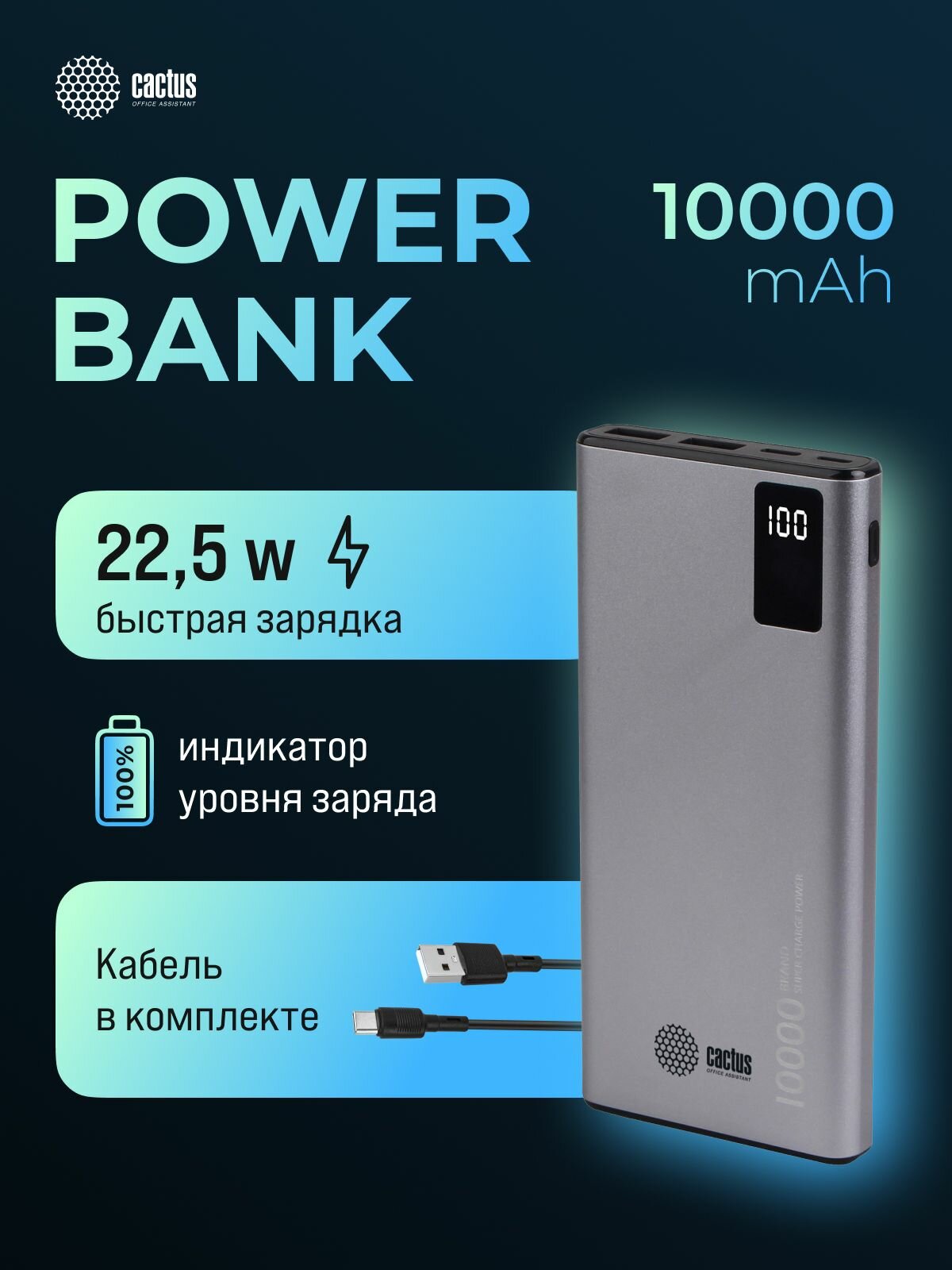 Внешний аккумулятор, повербанк 10000mAh Cactus CS-PBFSLT-10000 3A 2xUSB, серый
