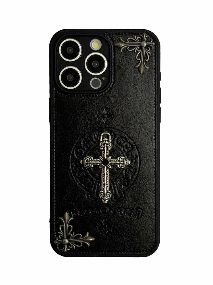Чехол для iPhone 13 Pro Max с Chrome Hearts / смартфона из экокожи чёрный с рельефным узором