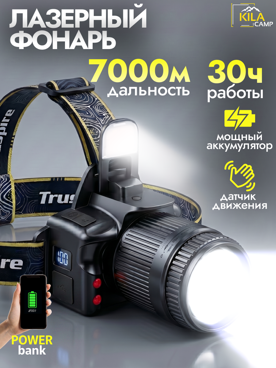 Фонарь KILACAMP, налобный, аккумуляторный, дальность освещения 700 м