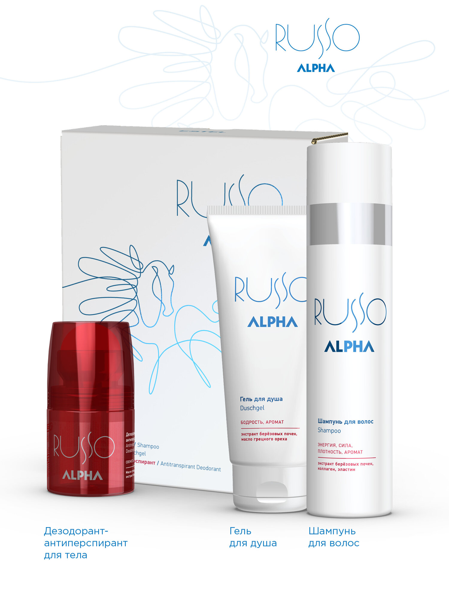 Набор ALPHA RUSSO (шампунь 250, гель для душа 200, дезодорант-антиперспирант 75)